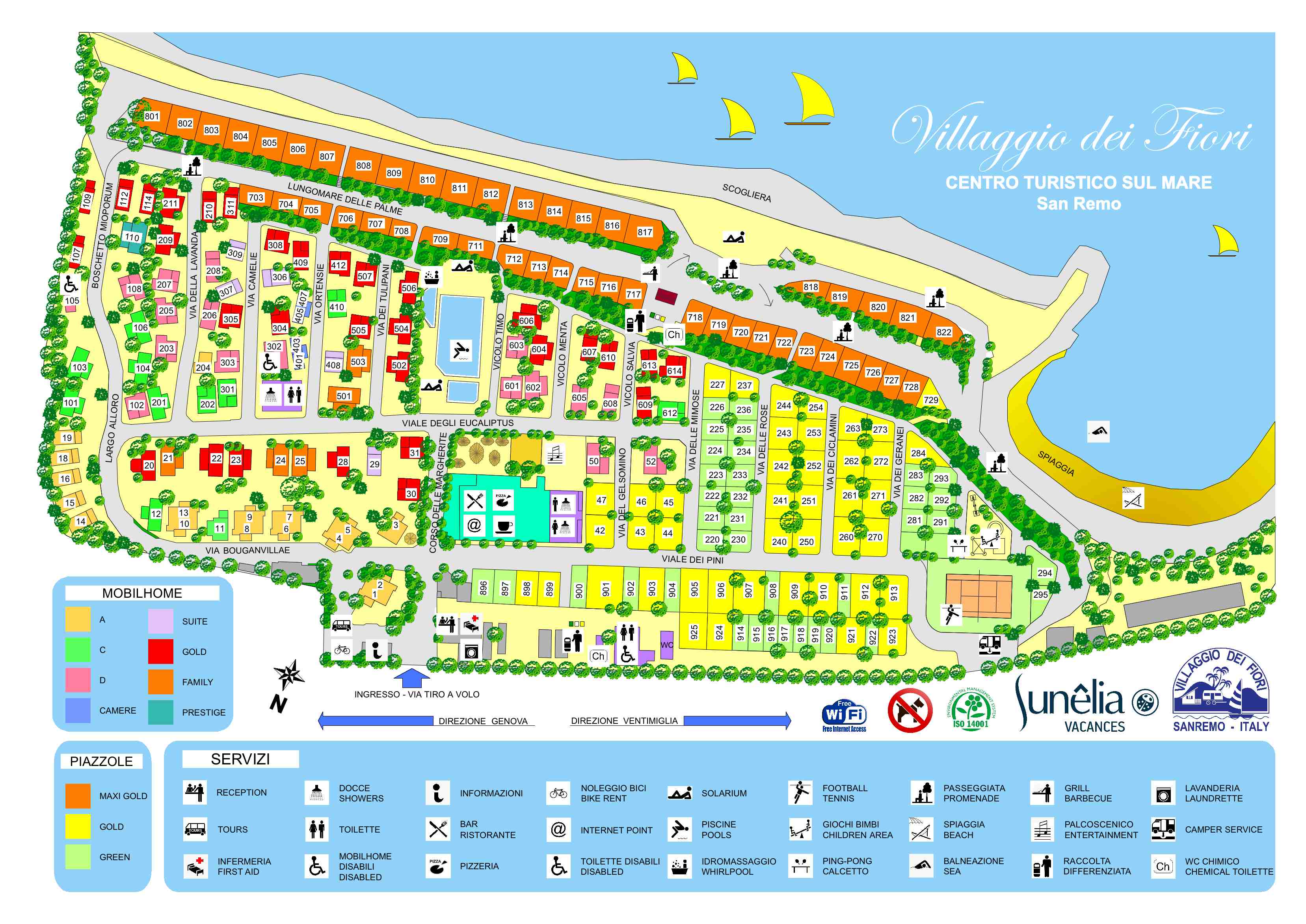 Camping dei Fiori á Ligurie, locatifs aussi bien que emplacements.